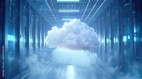 Cloud Computing With A Massive Real Cloud Floating In Data Center Server Room Highlighting The
