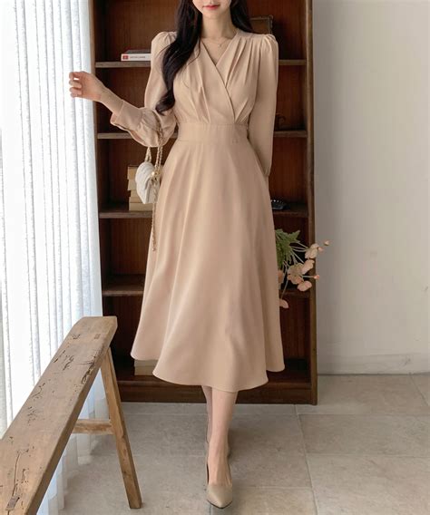 클래식블랑 1만장돌파💗 Made 멜로 봄 가을 간절기 하객룩 랩 셔링 긴팔 쉬폰 플레어 롱 원피스