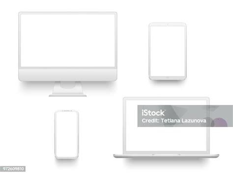 화이트 데스크톱 컴퓨터 디스플레이 스크린 스마트폰 태블릿 휴대용 노트북 또는 노트북 이랑 전자 장치 벡터 세트 노트북에 대한 스톡 벡터 아트 및 기타 이미지 Istock