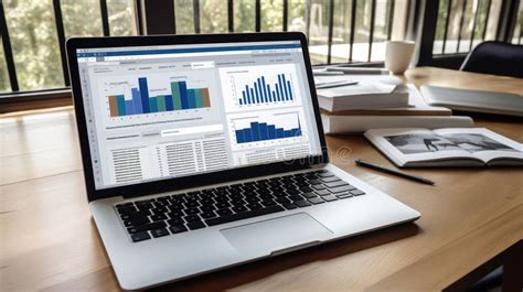 Office Workspace With A Laptop Displaying Graphs On The Screen Documents With Charts And