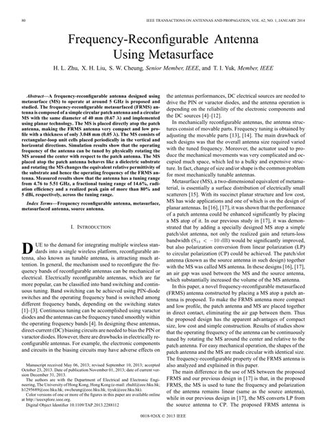 Pdf Frequency Reconfigurable Antenna Using Metasurface