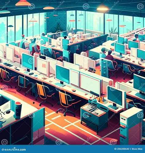 Computer Room With Rows Of Computers In A Modern Office D Illustration Generative AI Stock