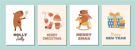 따뜻한 옷에 귀여운 크리스마스 카피바라와 함께 빛나는 선물 상자 촛불로 설정된 인사말 카드 벙어리 장갑 모자 양말을 사용한 겨울 새해 포스터 컬렉션 벡터 평면 일러스트 그림