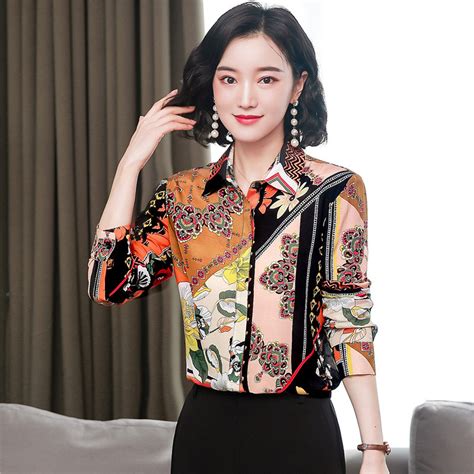 Badu Bg Дамски сатенени копринени ризи Пролет Лято Дълги ръкави Модни флорални щампи Дамски