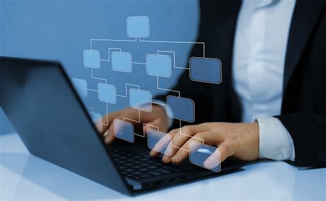 가상 화면 마인드맵 또는 조직도 비즈니스 계층 구조 순서도를 통한 비즈니스 프로세스 및 워크플로 자동화 개발에 대한 스톡 사진