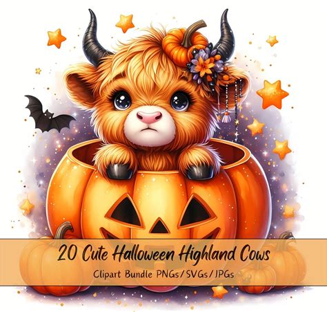 Cute Halloween Highland Cows Clipart Bundle Watercolor Cow Clip Art