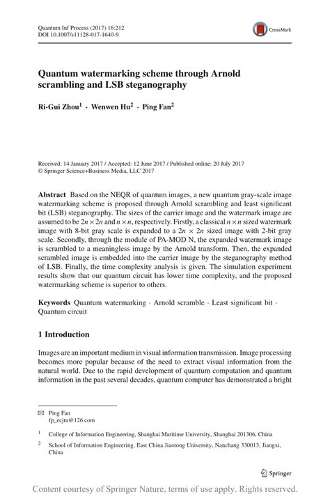 Quantum Watermarking Scheme Through Arnold Scrambling And Lsb Steganography Request Pdf