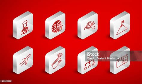 세트 라인 캐쉬백 비행 비행기가 있는 지구본 수색 사람들을 위한 돋보기 산과 깃발 리드 관리 과학자 시험관 비접촉식 결제 및 비행기 아이콘 벡터 3차원 형태에 대한 스톡