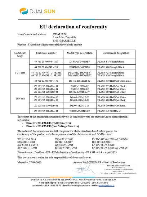 Dualsun En Eu Declaration Of Conformity Flash Pdf Electronics Electric Power