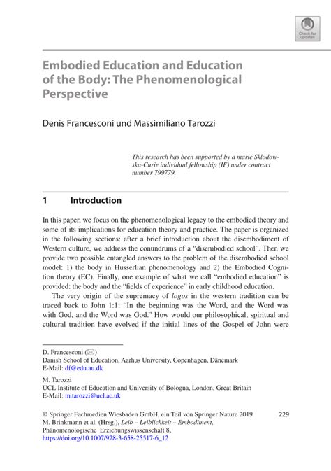 Pdf Embodied Education And Education Of The Body The Phenomenological Perspective