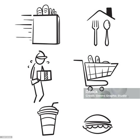 간단한 음식 배달 관련 벡터 라인 아이콘 집합입니다 손으로 그린 낙서 스타일 벡터 종이 봉투에 대한 스톡 벡터 아트 및 기타 이미지 종이 봉투 점심 가방 Istock