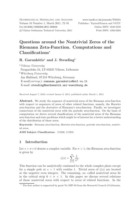 Pdf Questions Around The Nontrivial Zeros Of The Riemann Zeta