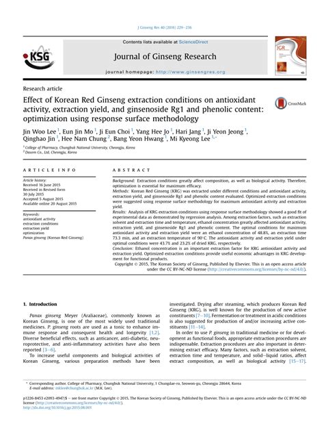 Pdf Effect Of Korean Red Ginseng Extraction Conditions On Antioxidant Activity Extraction