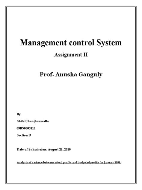 Management Control System Assignment Ii Pdf Prices Economies