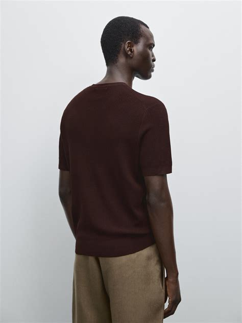 텍스처 니트 반팔 티셔츠 · 보르도 네이비블루 원색 그레이시 그린 · 스웨터 Massimo Dutti