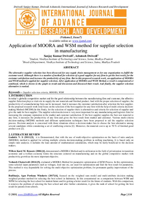 Pdf Application Of Moora And Wsm Method For Supplier Selection In Manufacturing