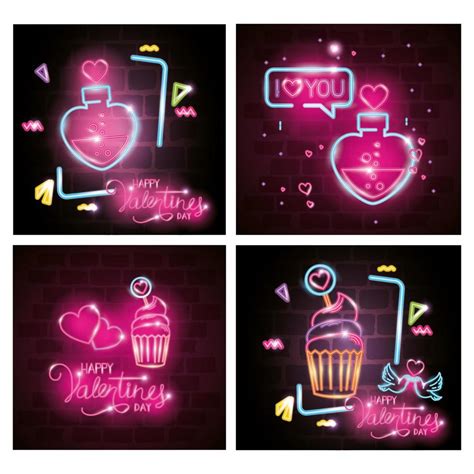 Cards Of Valentine In Neon Light Valentines Day 4476446 Vector Art At