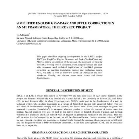 Simplified English Grammar And Style Correction In An Mt Framework The Lre Secc Project Acl