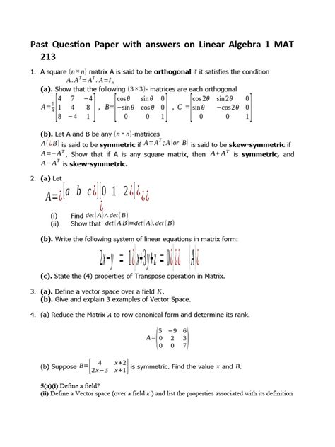 past question paper with answers on linear algebra 1 mat 213 theory