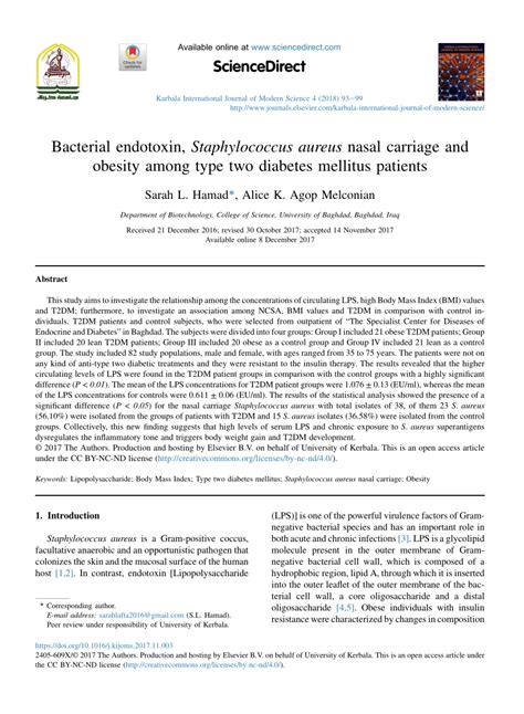 Pdf Bacterial Endotoxin Staphylococcus Aureus Nasal Carriage And Obesity Among Type Two