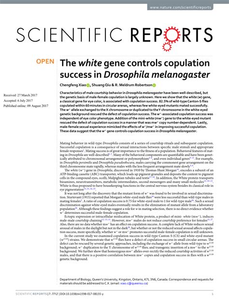 Pdf The White Gene Controls Copulation Success In Drosophila Melanogaster