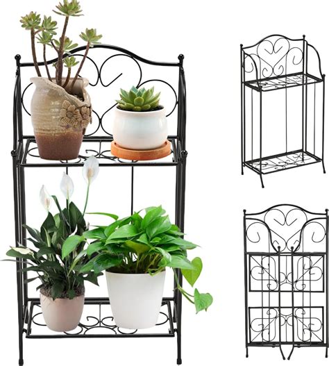 Kundi Foldable 2 Tier Metal Plant Stand Scrollwork Design Indoor and Outdoor Flower Rack Pot ...