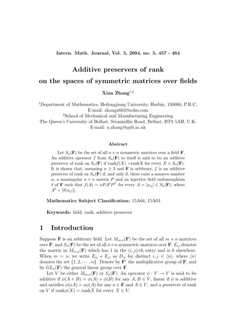 Pdf Additive Preservers Of Rank On The Spaces Symmetric Matrices Over Fields