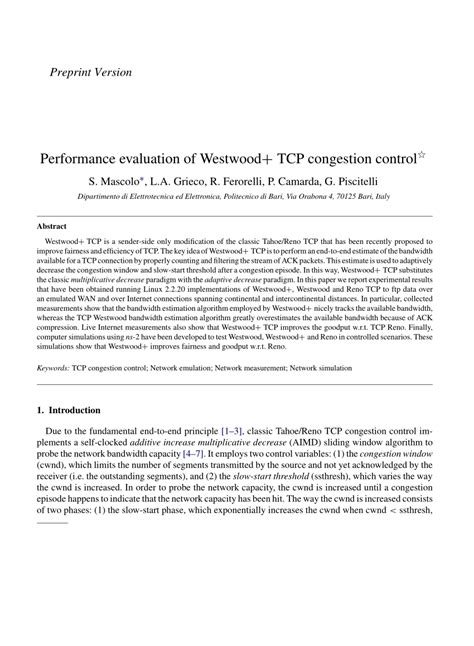 Pdf Performance Evaluation Of Westwood Tcp Congestion Control