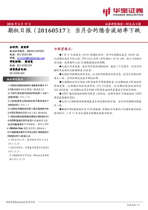 期权日报（20160517）： 当月合约隐含波动率下跌