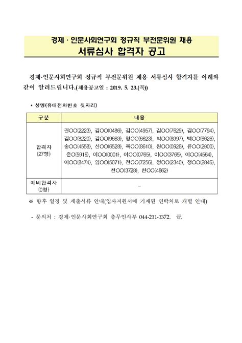 정규직 부전문위원 채용 서류심사 합격자 공고 연구회ㆍ소관 연구기관 채용 정보 소식·소통 Nrc 경제인문사회연구회