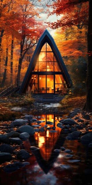 Premium Ai Image Triangular Frame House In The Autumn Forest Structures Made Of Wood And Stone
