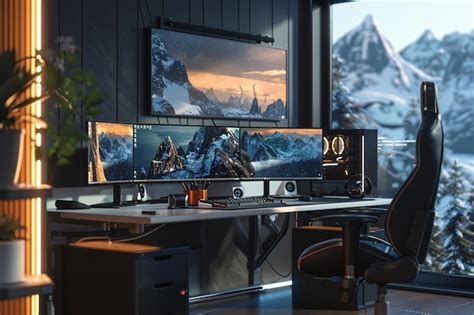 Premium Photo Remote Work Setup With Dual Monitors And Ergonomic