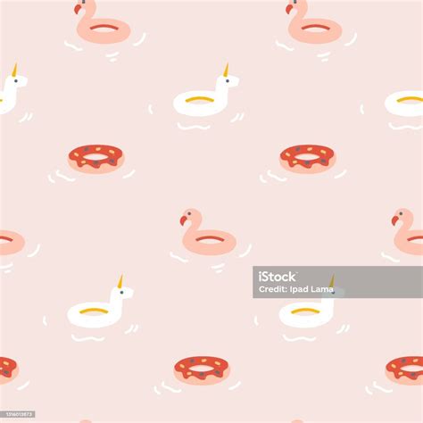 유니콘 플라밍고 도넛 부동 수영 반지와 원활한 패턴 핑크 배경에 트렌디 한 드로잉과 원활한 디자인 플랫 벡터 일러스트레이션 공중에 대한 스톡 벡터 아트 및 기타 이미지