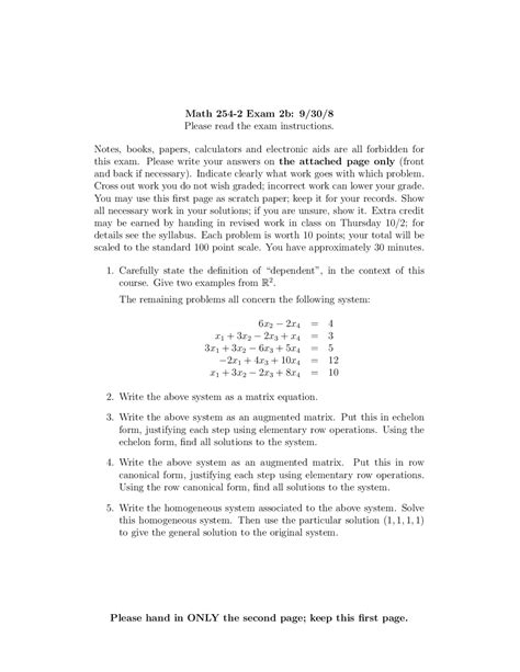 5 Questions On Introduction To Linear Algebra Past Exam 2b Math 254 Docsity