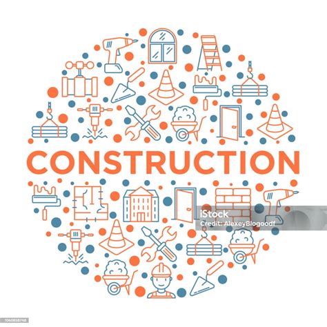 얇은 선 아이콘 원에서 건설 개념 헬멧 작업 도구 벽돌 바닥 계획 배관 드릴 흙 교통 Stepladder 작성기 벡터 일러스트 레이 션 인쇄 미디어 서식 파일 개념에 대한