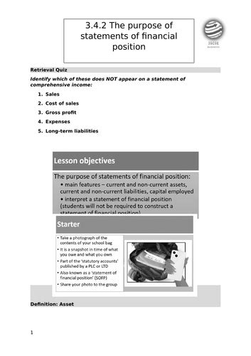 Pearson Edexcel Igcse Business Lesson 30 Statement Of Financial Position Teaching Resources
