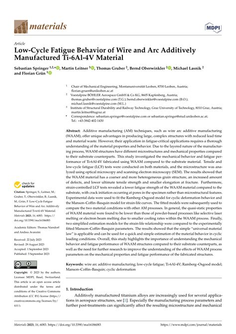Pdf Low Cycle Fatigue Behavior Of Wire And Arc Additively Manufactured Ti 6al 4v Material