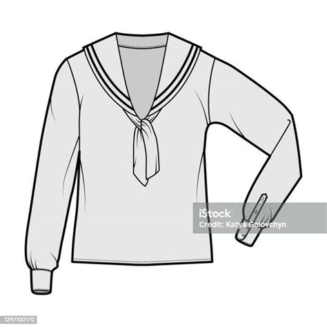 셔츠 미디 세일러 정장 테크니컬 패션 일러스트와 활 긴 소매 커프 튜닉 길이 오버사이즈 플랫 0명에 대한 스톡 벡터 아트 및 기타 이미지 Istock