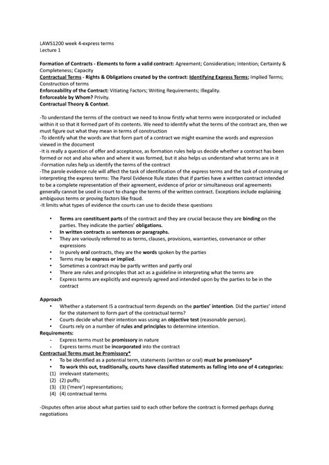 Laws1200 Week 4 Express Terms Laws1200 Week 4 Express Terms Lecture 1 Formation Of Contracts