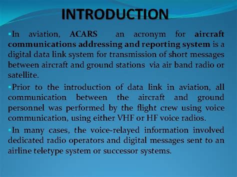 Aircraft Communications Addressing And Reporting System Acars Introduction