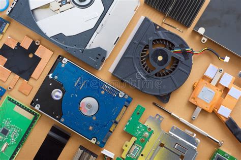 Close Up Of The Components Of An Old Laptop Computer Stock Photo Image Of Circuit Broken