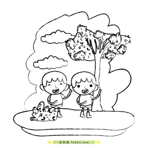 15张孩子们和苹果树有趣的野外郊游卡通涂色活动简笔画！ 涂色集，涂色画打印大图