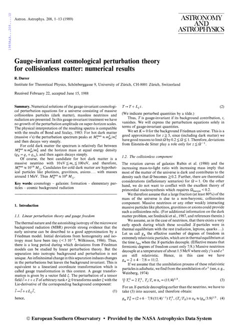Pdf Gauge Invariant Cosmological Perturbation Theory For Collisionless Matter Numerical Results
