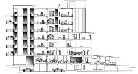 Front Section View Of 46x40m Hotel Cum Multifunctional Building Is Given In This Autocad Drawing