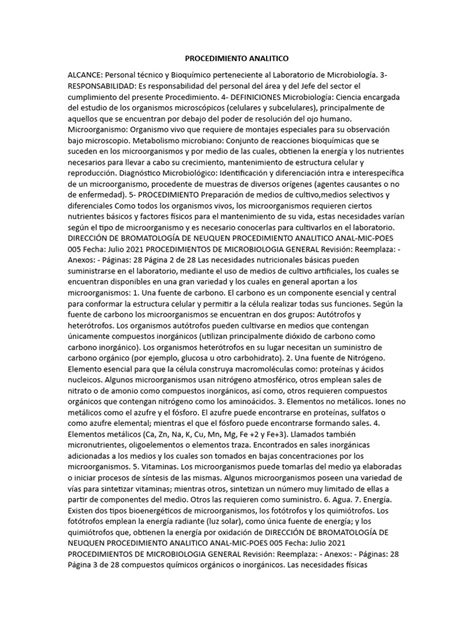Procedimiento Analitico 1 Pdf Microorganismo Microbiología