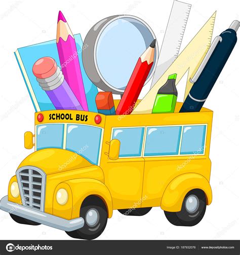 Autobús Escolar Con Caricatura Útiles Escolares Aislado Sobre Fondo