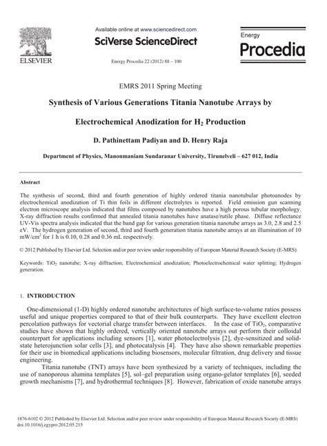 Pdf Synthesis Of Various Generations Titania Nanotube Arrays By Electrochemical Anodization