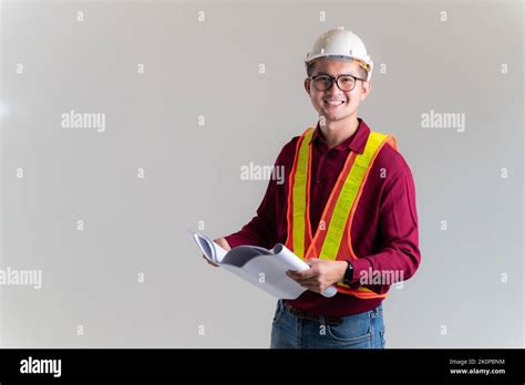 Architect Builder Smiling Layout Plan Of The Rooms Civil Engineer