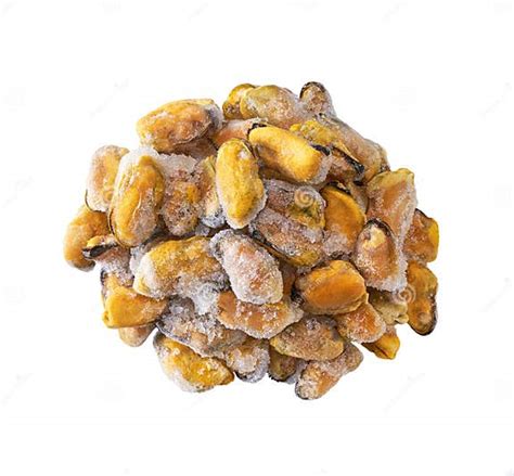 Heap Of Frozen Peeled Mussel Meat Isolated On A White Background Top