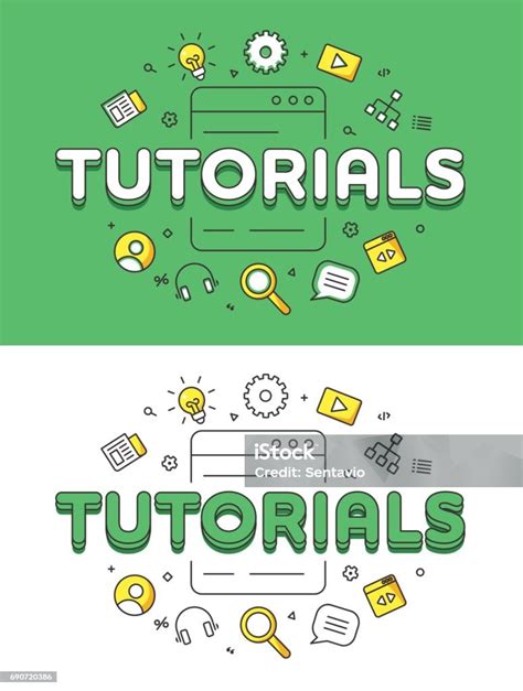 화면 및 아이콘 웹사이트 영웅 이미지 벡터 일러스트 레이 션을 통해 선형 평면 자습서 단어 설정합니다 교육 및 훈련 개념입니다